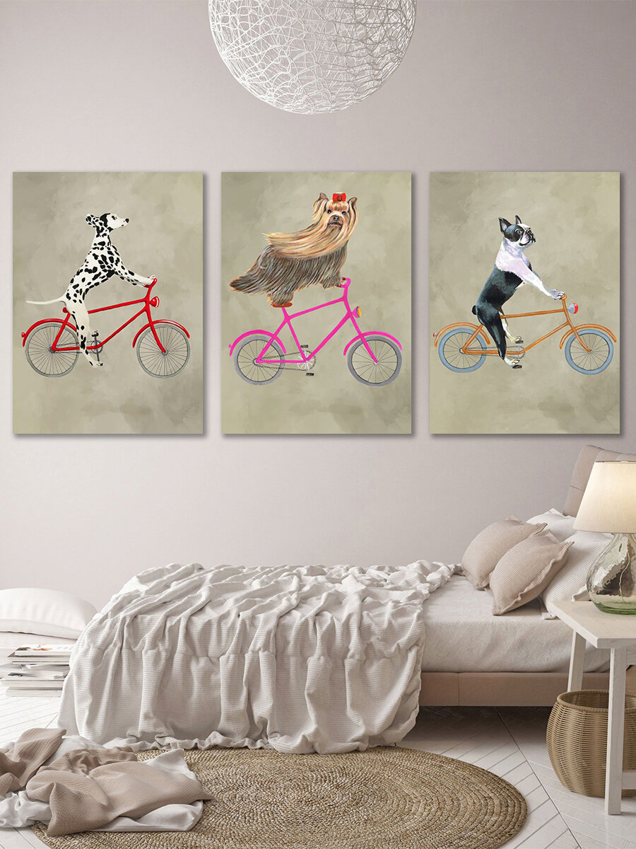 Модульная картина / набор из 3- х картин для интерьера - "Собаки на велоспедах", модуль 60х120 см.