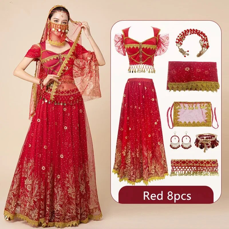 Костюм для танца живота, вискоза, спандекс L, Red 3-8pcs Set