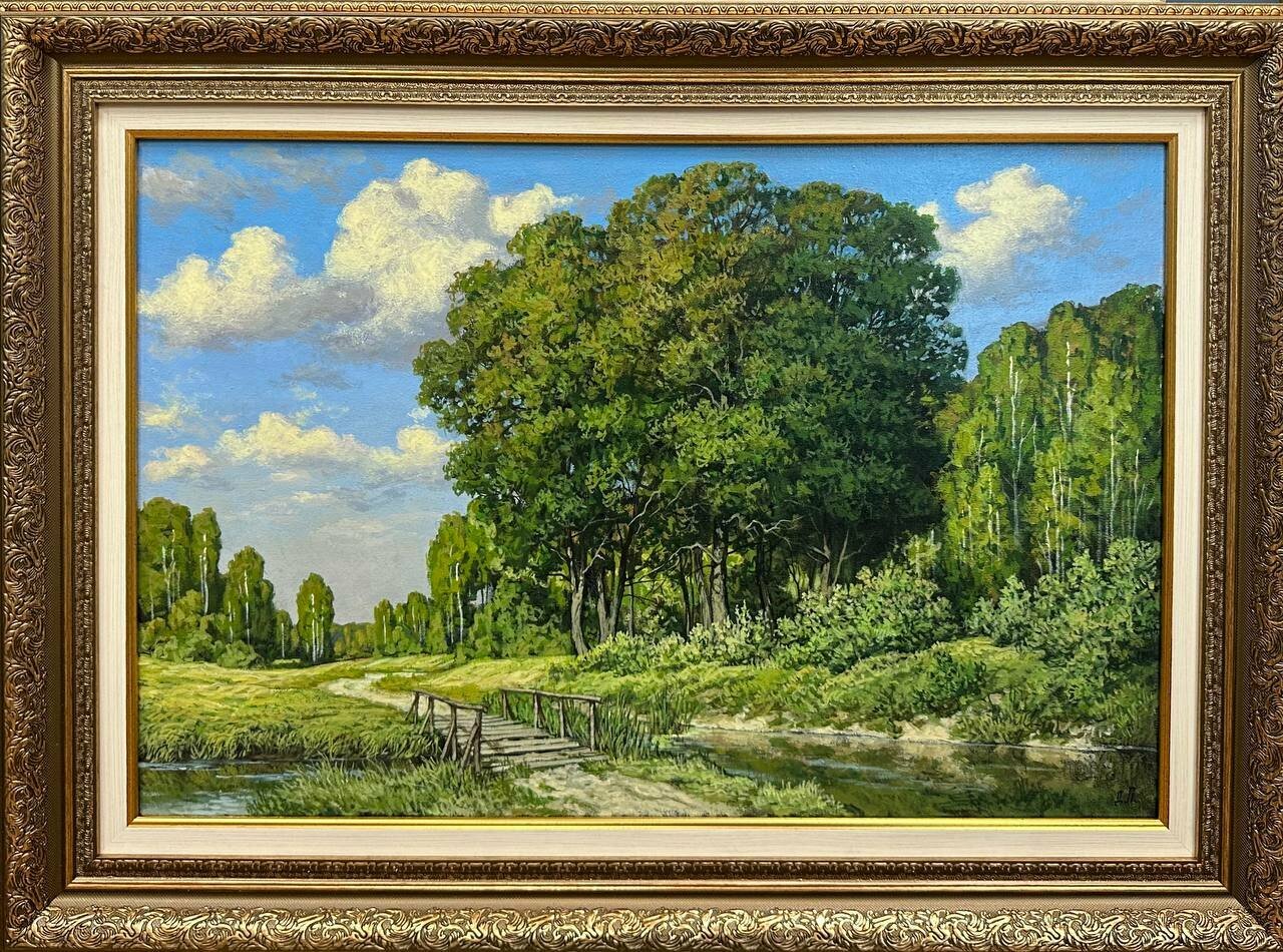 Картина маслом на холсте, летний пейзаж "Пейзаж с дубками и мостиком", 40Х60 см
