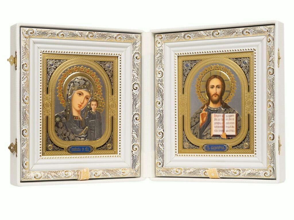 Складень венчальный, белая кожа, узорные вышитые уголки и крест