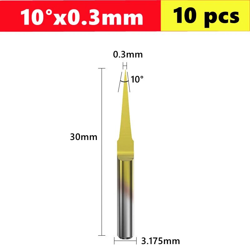 10 шт. фреза для печатных плат 10-90 ° V-образная гравировальная фреза, хвостовик 3,175 мм (1/8) фреза с ЧПУ, фреза по дереву с покрытием TiN, твердосплавная концевая фреза 3.175x10Dx0.3mm