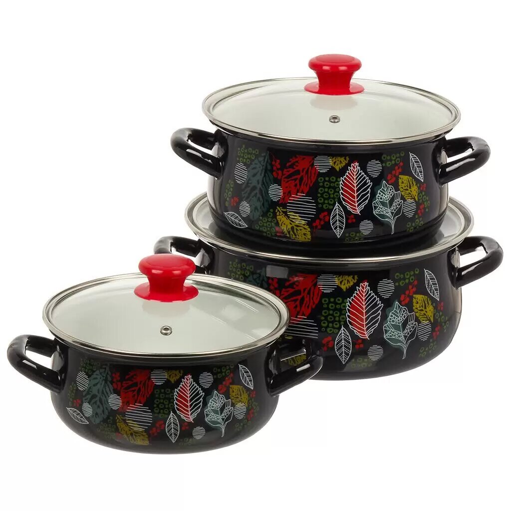 Набор посуды эмалированная сталь, 3 предмета, кастрюли 2, 3, 4 л, МП, Керченский металлургический завод, Лесная ягода-1-Экстра, белый