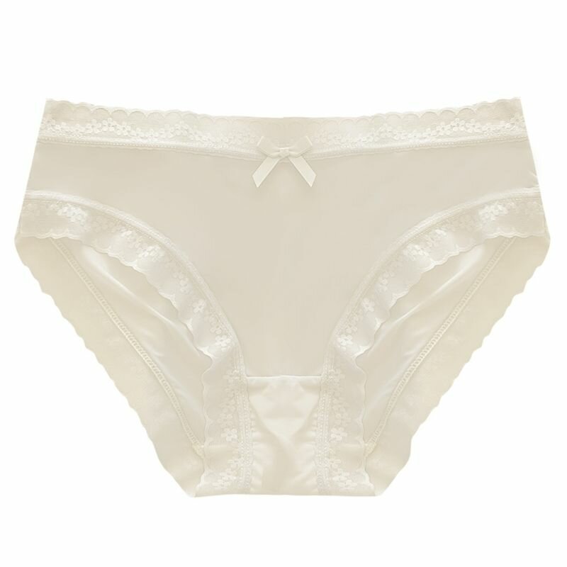 Женские трусики из ледяного шелка с цветочным кружевом и бантом, Белый - XL