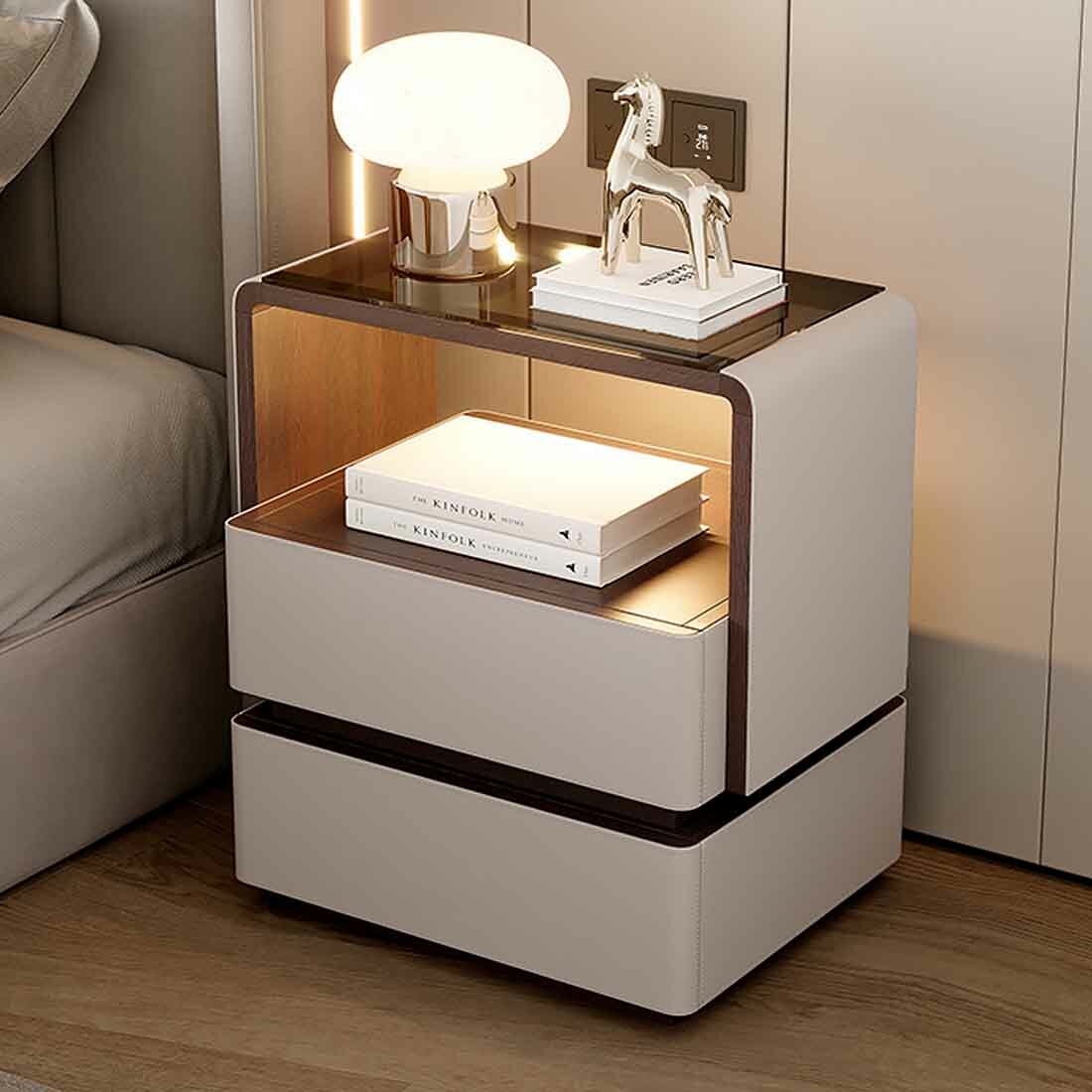 Кожаная прикроватная тумбочка со стеклянной столешницей Temporelli, 2 ящика (кремовый)