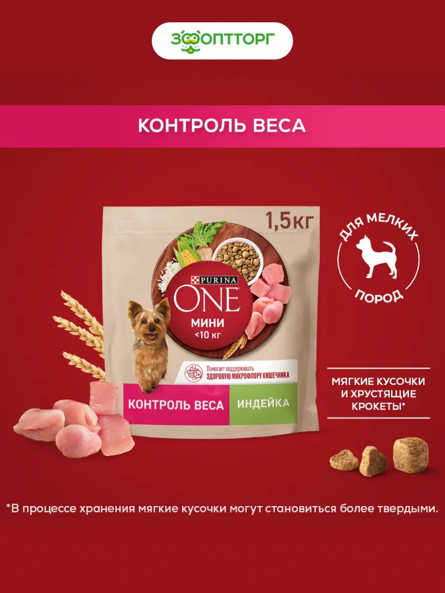 Сухой корм Purina One Мини "Контроль веса" для собак мелких пород, склонных к набору веса Индейка с рисом, 1,5 кг.