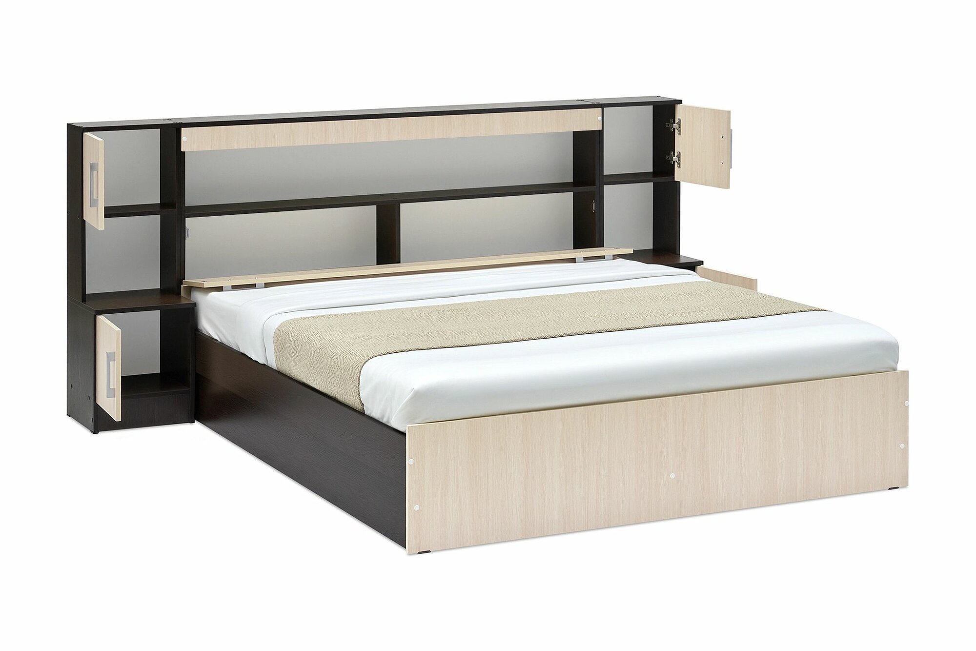 Кровать Бассо 1.6 м с надстройкой и тумбами венге / дуб беленый