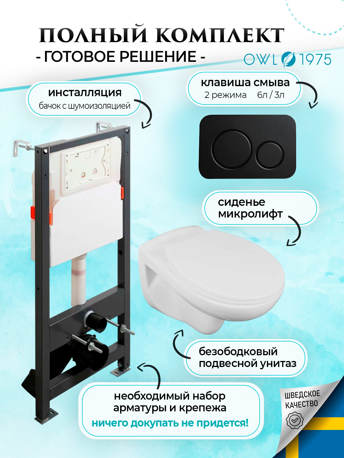 Инсталляция с унитазом комплект 4 в 1 OWL 1975 Fredo безободковый+IN-005.06 кнопка черная матовая+IN-500G