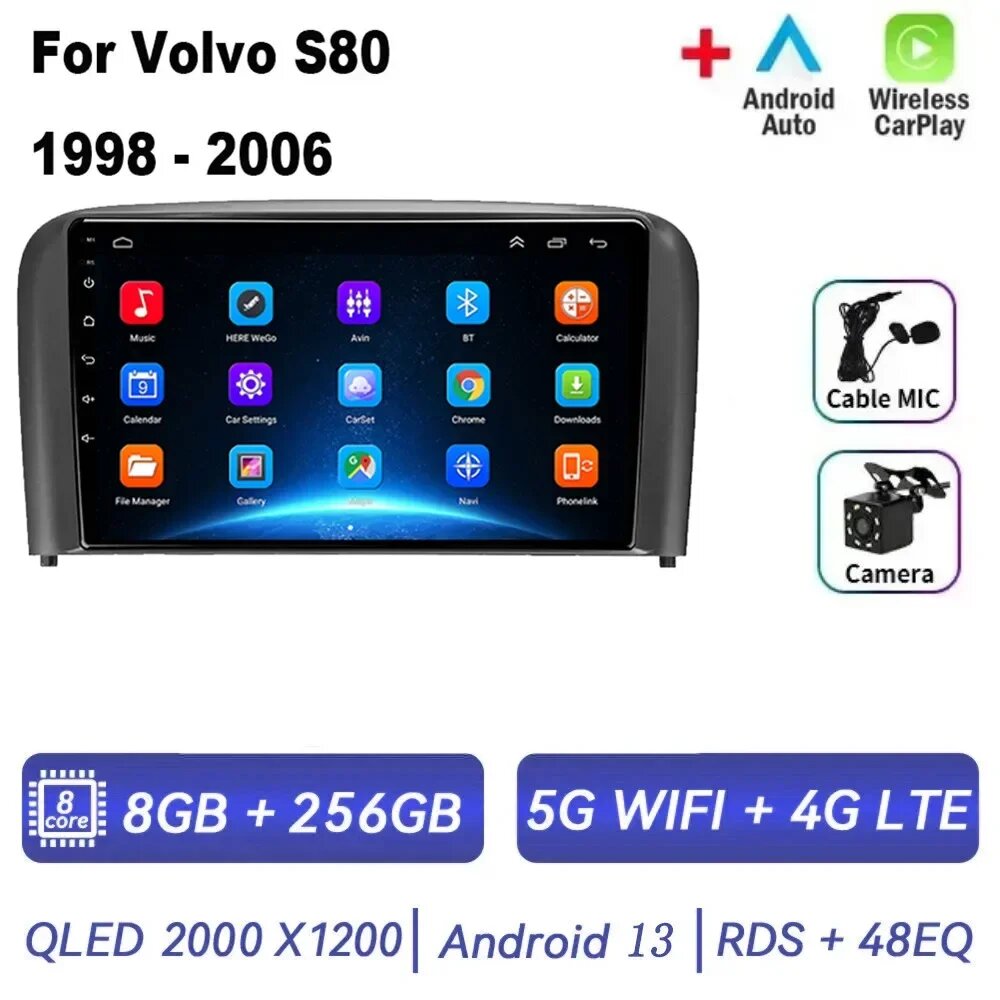 Android 13 для Volvo S80 1 1998-2006 автомобильный радиоприемник мультимедийный видеоплеер навигация GPS авто беспроводной Carplay 2Din DVD DSP 4G WIFI 8G-256G M C Carplay