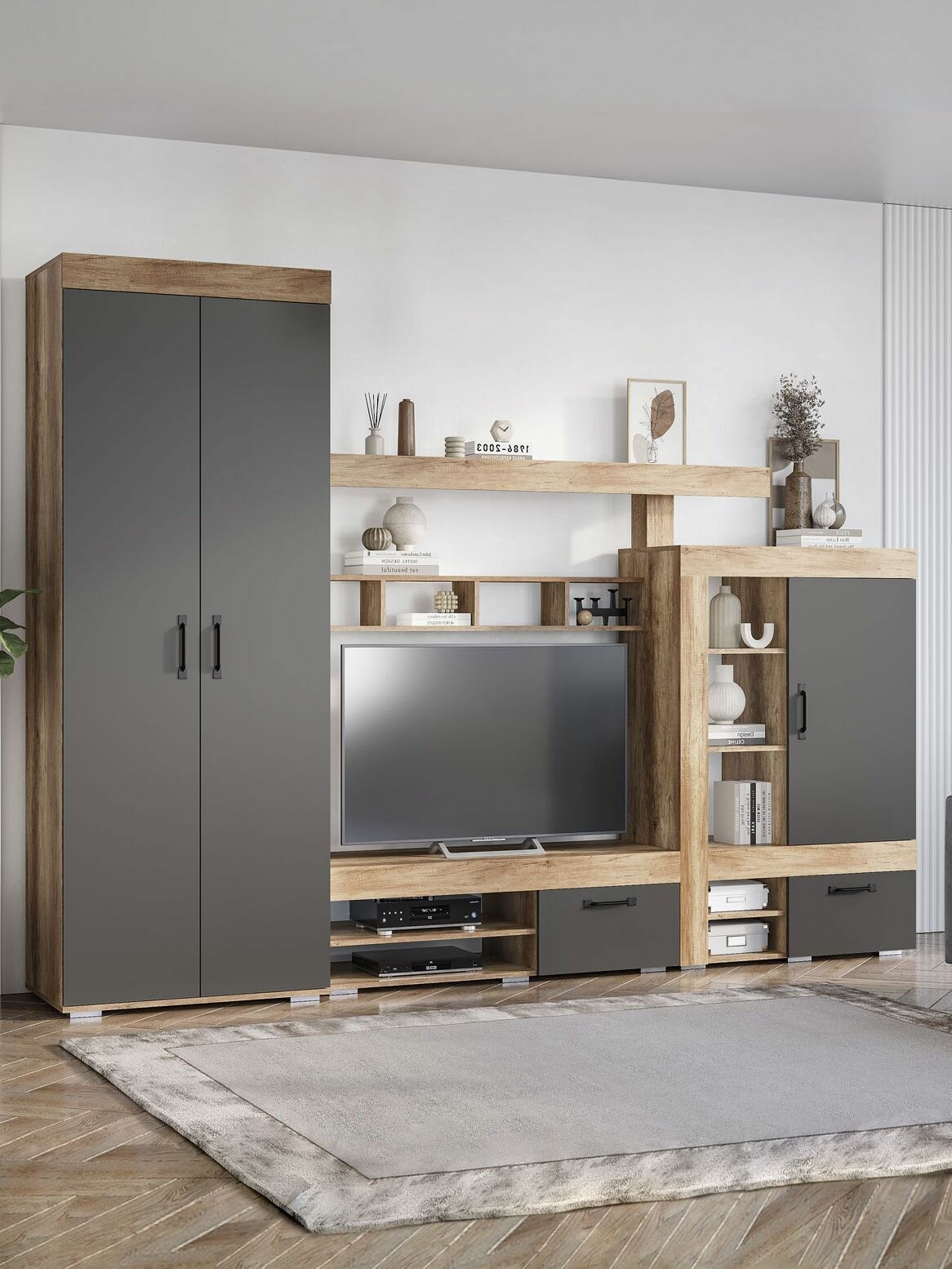 Гостиная комплект Пегас, шкаф, тумба под телевизор, стеллаж, настенная полка, 290х51х217 см, Дуб Каньон / Графит