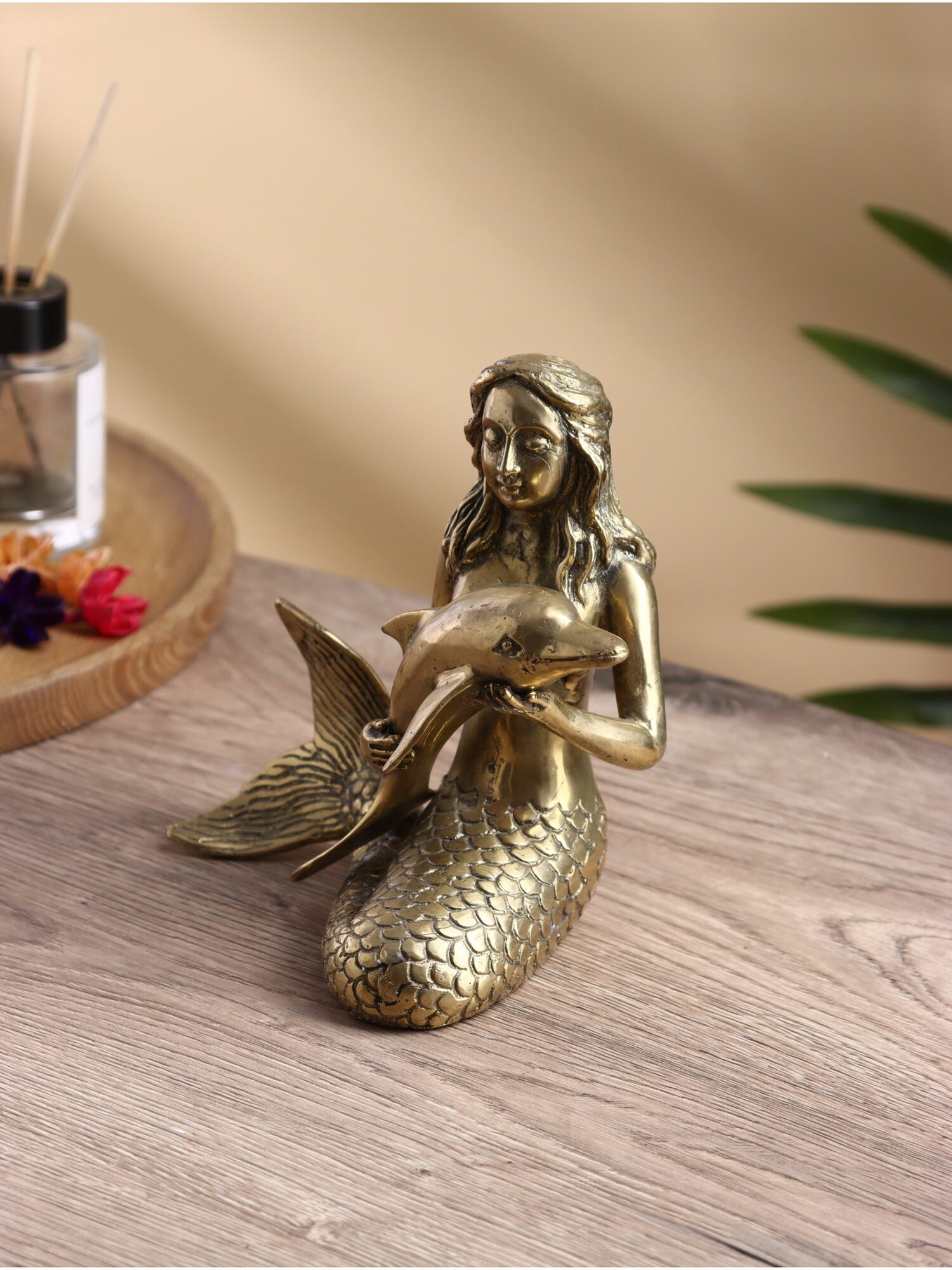 Сувенир "Русалка с дельфином", 12x17x17 см, бронза, персонажи: русалка