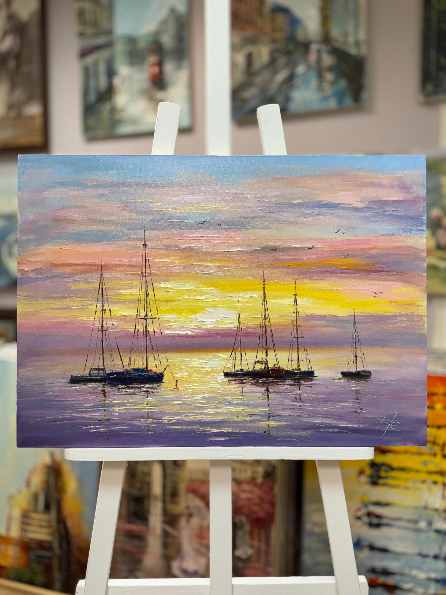 Картина маслом импрессионизм Парусники рассвет. 50х70 см. Живопись от художественной мастерской Грёзы