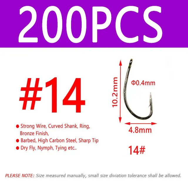 200шт. крючки для нахлыста #14, бронзовые, размер 10.2x4.8мм