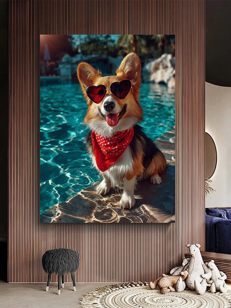 Вертикальная картина на стену - "Животные / Собака отдыхает у бассейна" , 50х70 см.