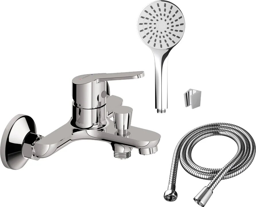 Смеситель для ванны с душем Dorff Norma D1010008 с душевым гарнитуром, настенный, однорычажный, хром, глянцевый, латунный, с керамическим картриджем