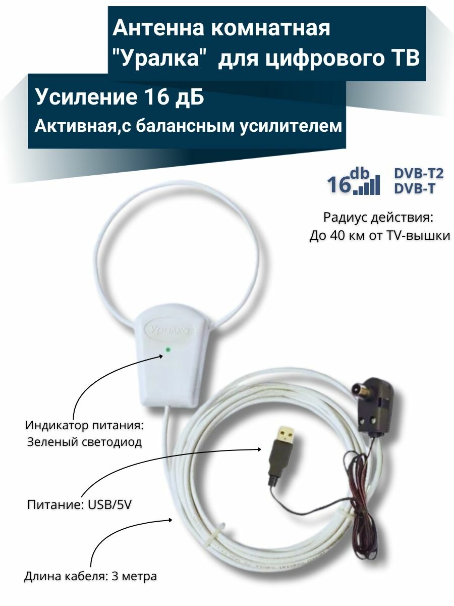Комнатная активная антенна Уралка для цифрового ТВ с усилителем до 40 км