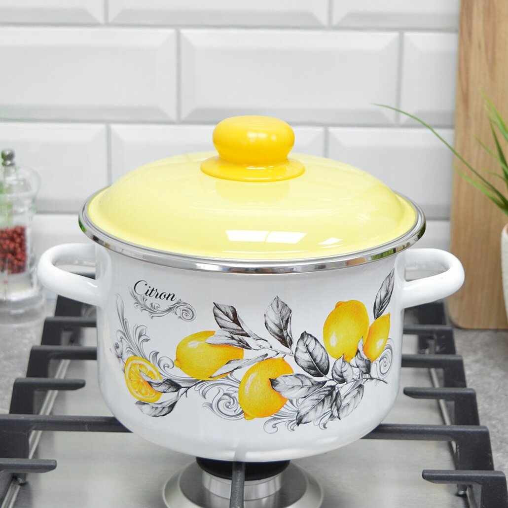 Кастрюля эмалированная «Citron» 3л с крышкой, индукционное дно, лимонный узор