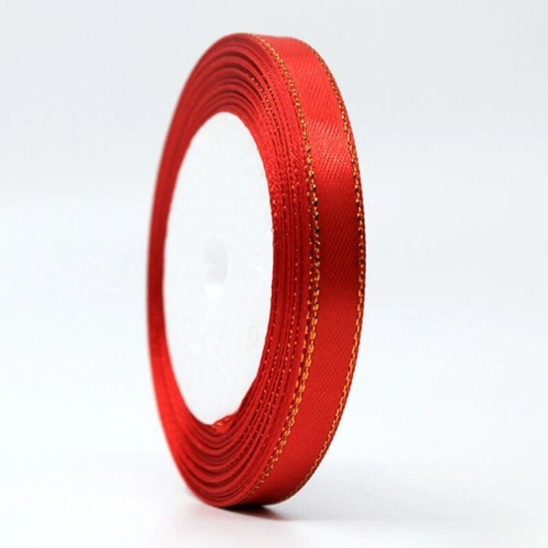 Полиэстерная атласная лента золотая окантовка 6мм/10мм 25 ярдов Красный, Red, Width 6mm 25yards