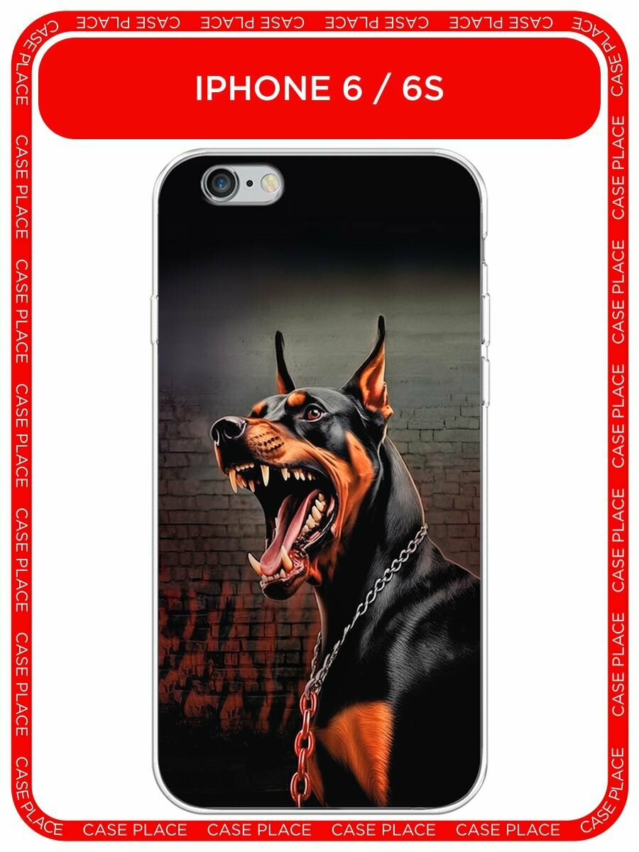 Чехол на Apple iPhone 6 / Айфон 6 с принтом "Доберман с цепью"
