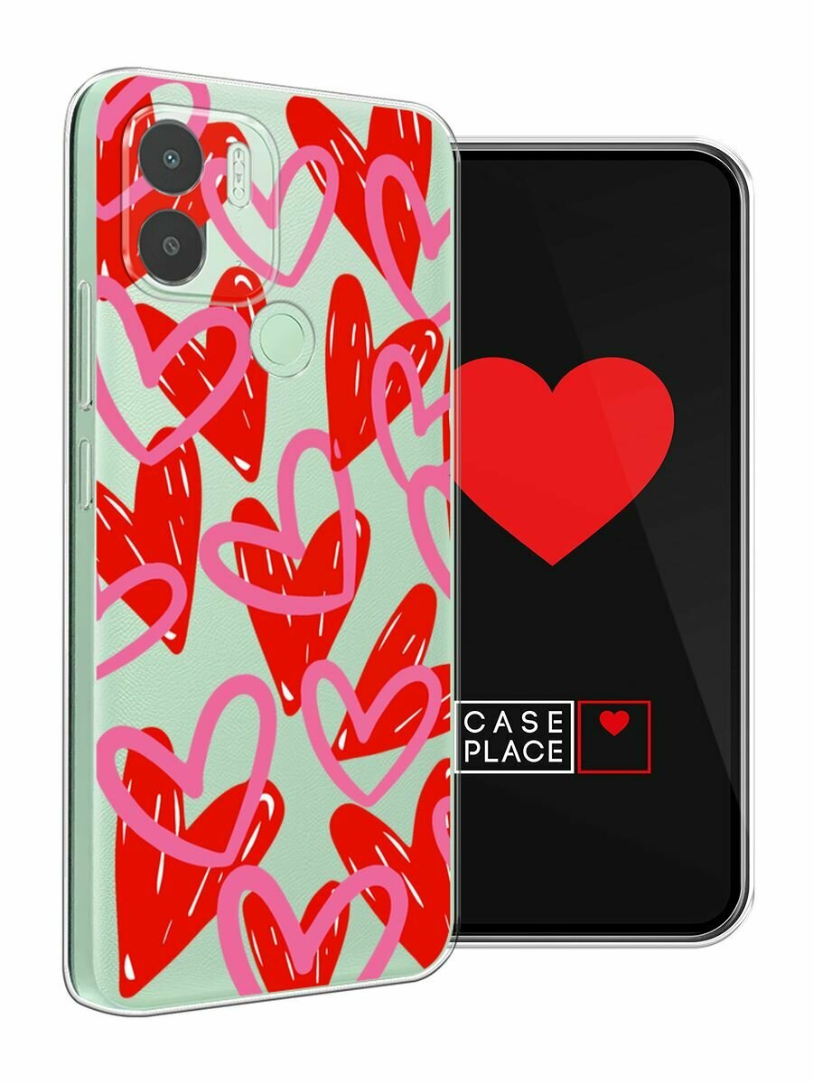 Чехол на Xiaomi Redmi A1+/Redmi A2+/Poco C51/C50 / Редми A1+ с принтом "Hearts doodles - 14 февраля", прозрачный — фото 1