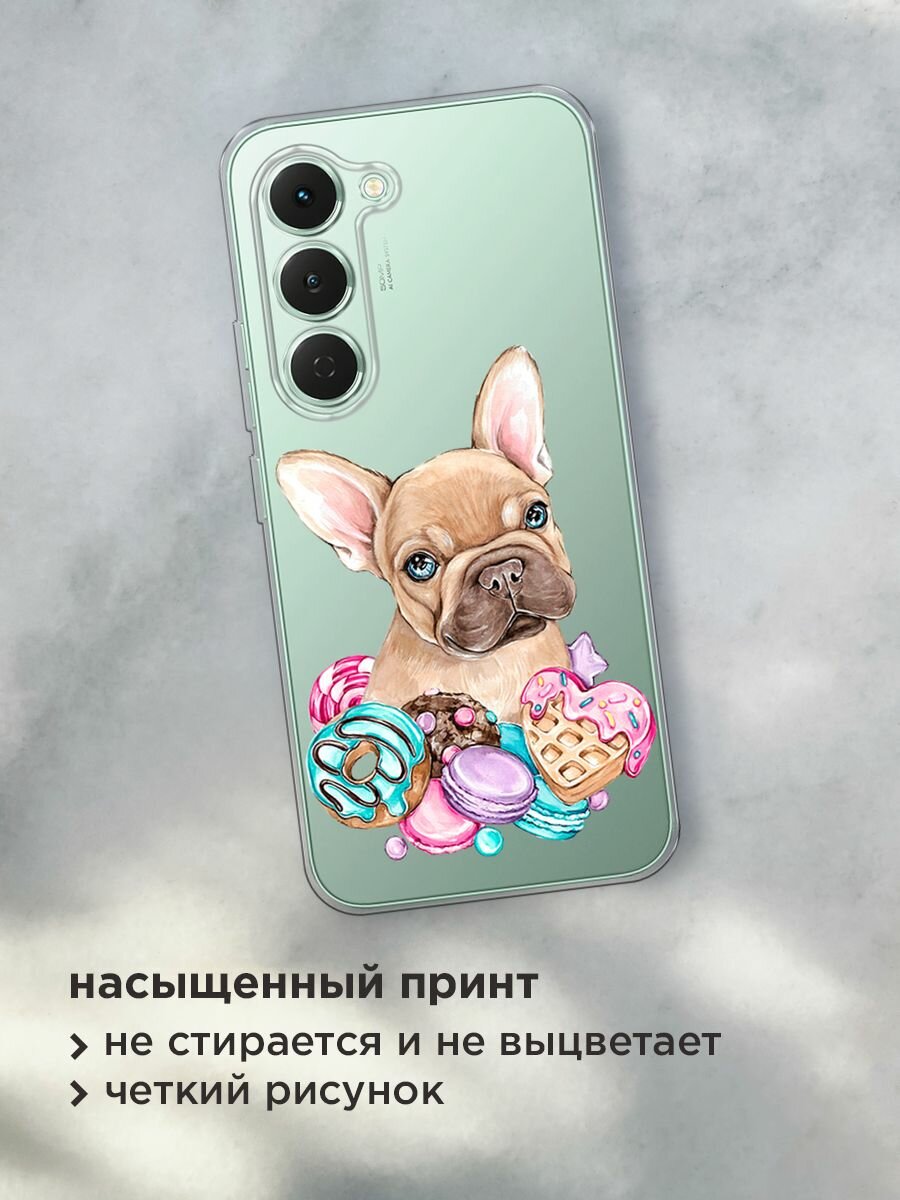 Чехол на Tecno Spark 40 Pro / Текно Спарк 40 Про с принтом "Бульдог и сладости", прозрачный — фото 1