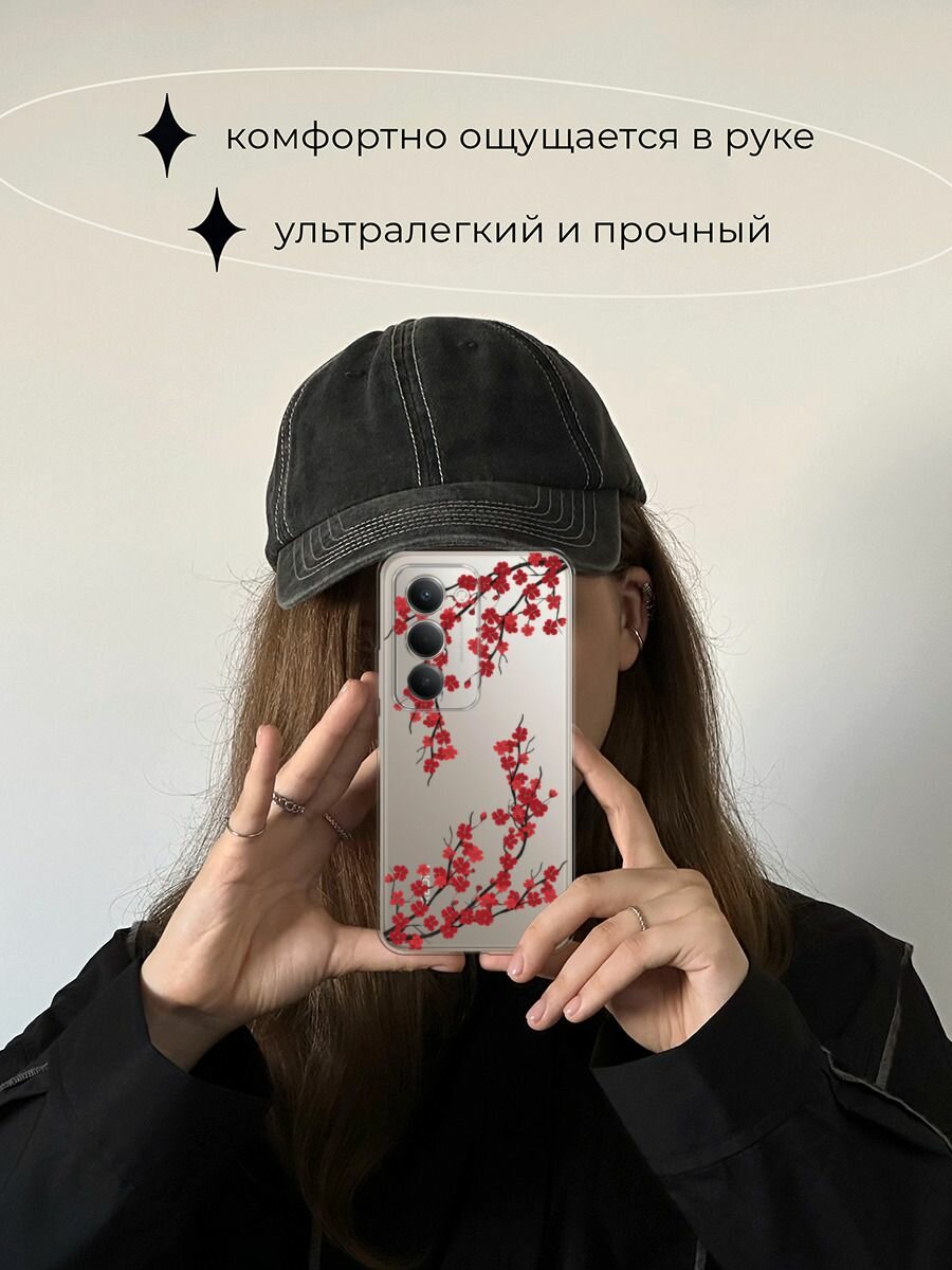 Чехол на Xiaomi Redmi 15 / Сяоми Редми 15 с принтом "Красная сакура", прозрачный — фото 1