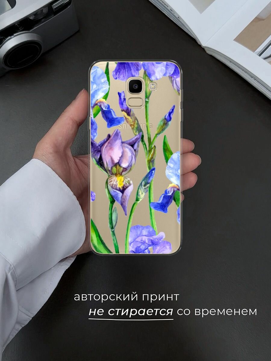 Чехол на Samsung Galaxy J6 2018 / Самсунг Галакси Джей 6 2018 с принтом "Синие ирисы", прозрачный — фото 1