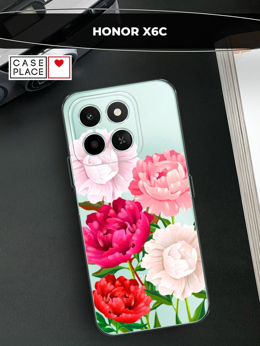 Чехол на Honor X6c / Хонор X6c с принтом "Большие пионы", прозрачный