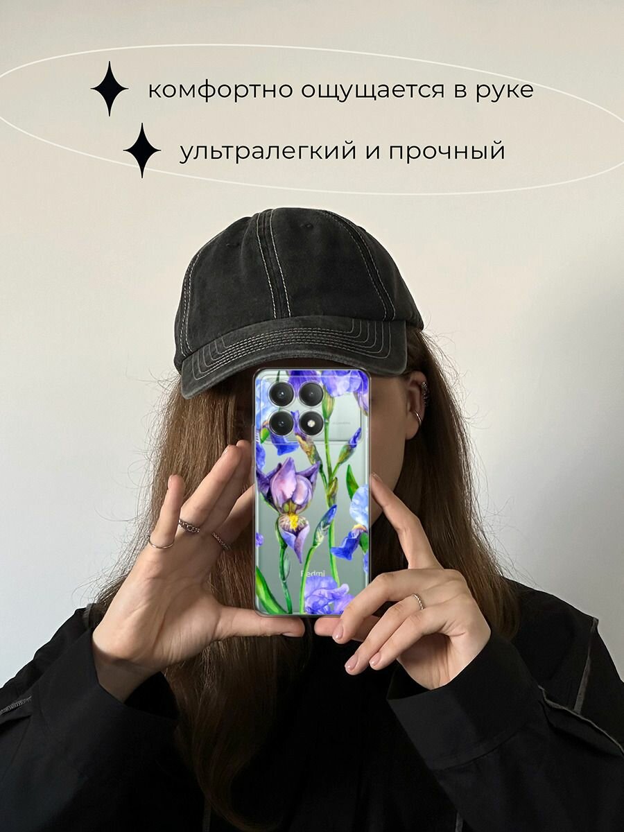Чехол на Xiaomi Poco X6 PRO 5G / Поко X6 Про 5G с принтом "Синие ирисы", прозрачный — фото 1
