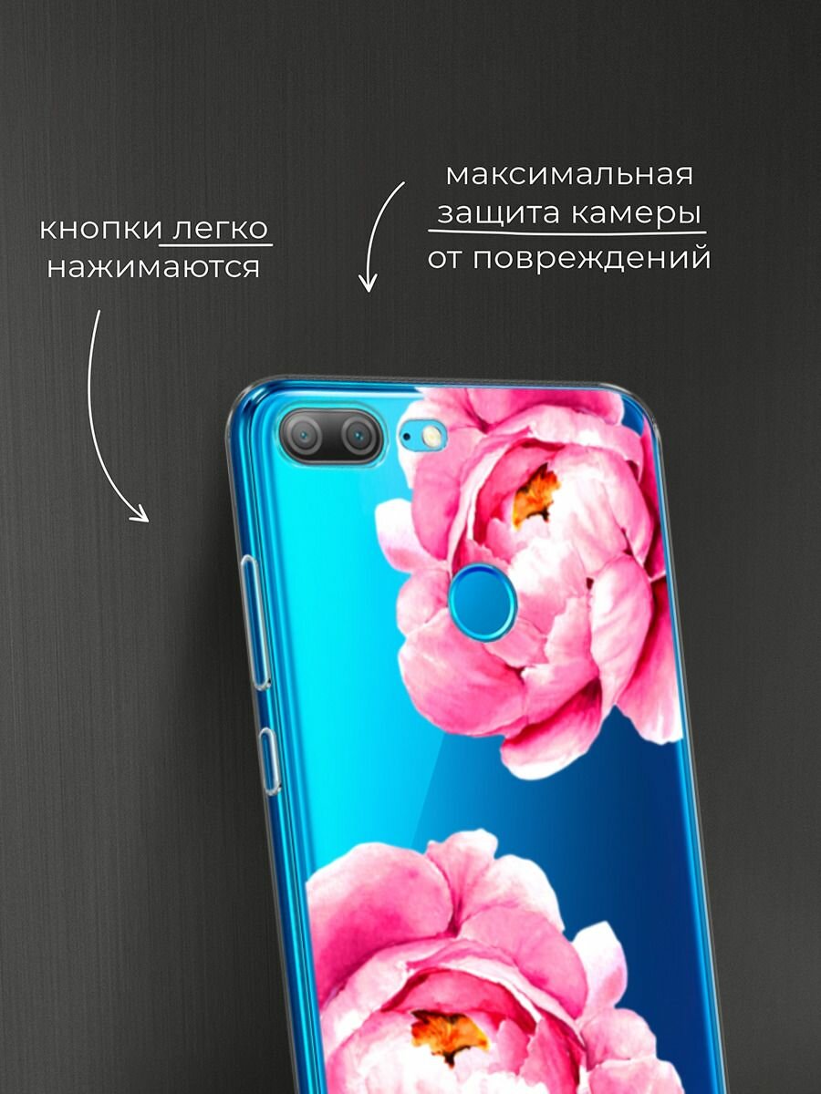 Чехол на Honor 9 Lite / Хонор 9 Лайт с принтом "Open peonies", прозрачный — фото 1