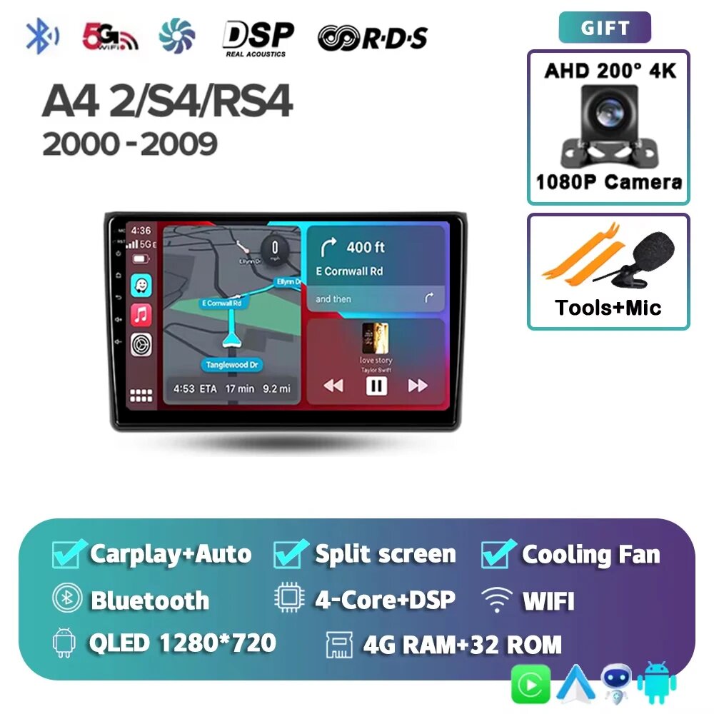 Для Audi A4 II 2 B6 III 3 B7 2000-2009 2K 12+256 QLED Android 15 CarPlay Автомобильный 4G 32G CAM