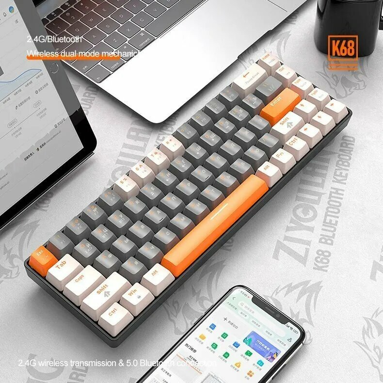 Клавиатура для компьютера Wolf K68 механическая беспроводная игровая Bluetooth + USB 2.4G + Hot-Swap для ноутбука планшета телефона смартфона пк айпада телевизора блютуз usb TCL 60% мини механика компактная Русская/английская раскладка