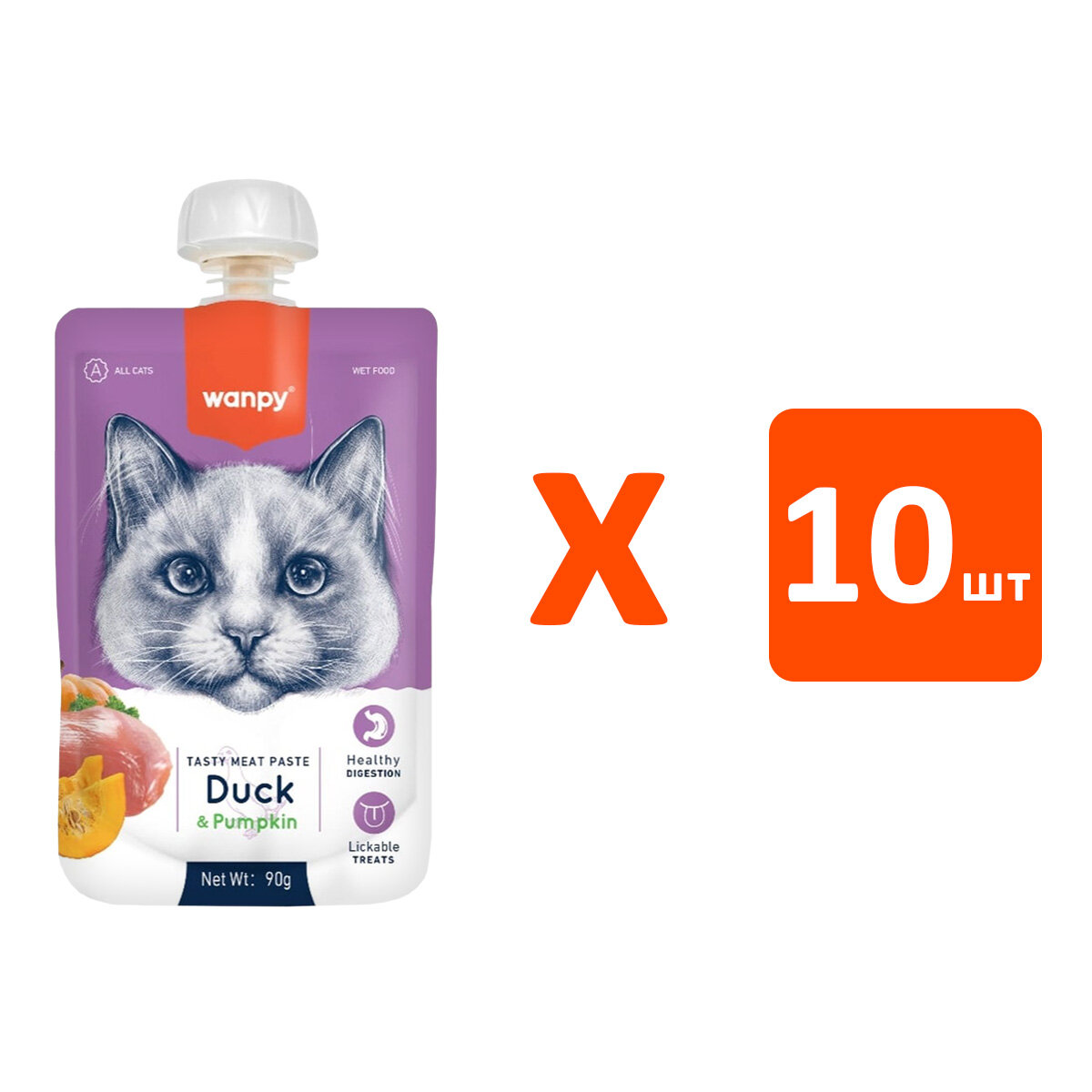 Лакомство WANPY CAT для кошек, мясной мусс с уткой и тыквой, 90 гр х 10 шт