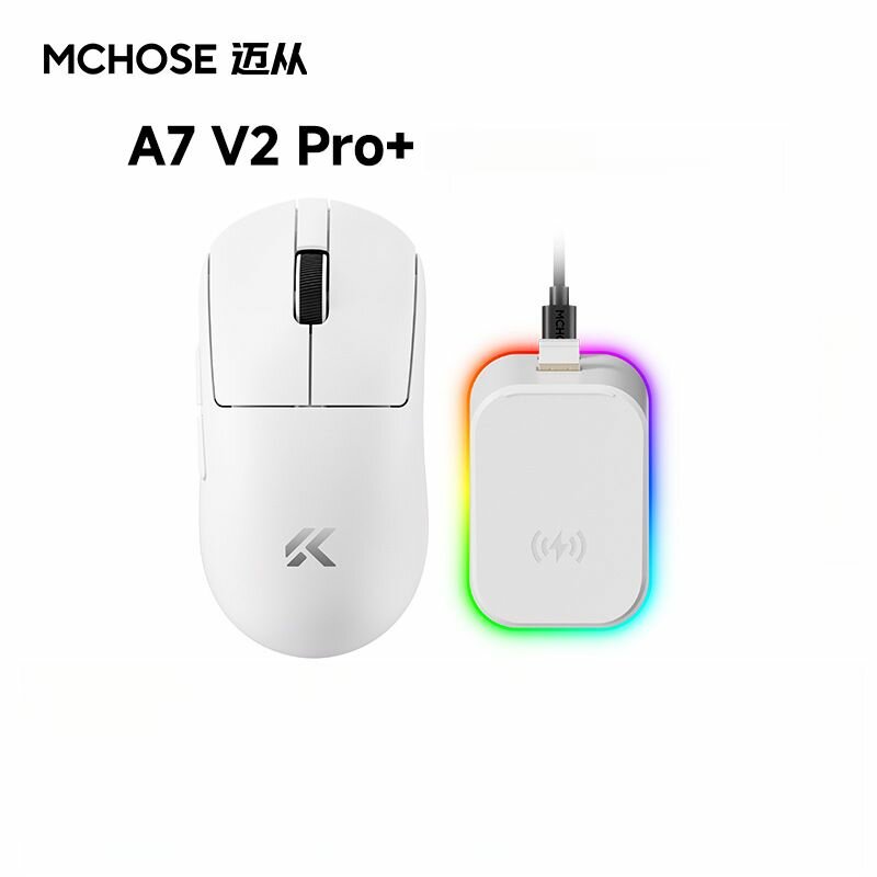 MCHOSE Игровая мышь беспроводная A7 V2 Pro+, сенсор PAW3395, Частота опроса проводная/беспроводная до 8К(Содержит 8к ресивер для мышек), Проводной/2.4G/BT, белый