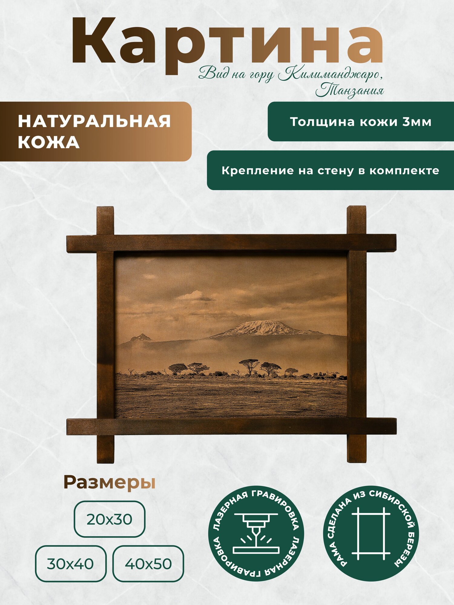 Картина интерьерная из кожи "Вид на гору Килиманджаро, Танзания", BoomGift
