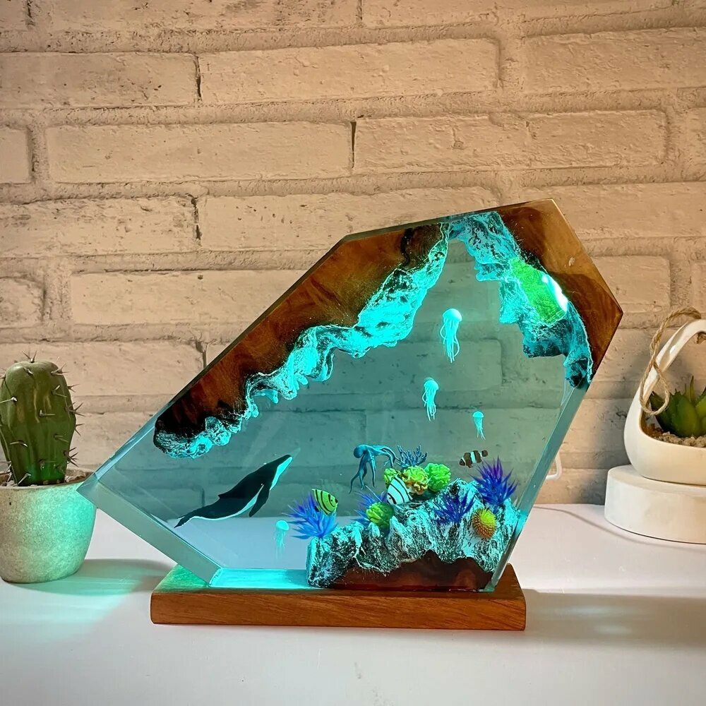 Волшебная океанская ночная лампа из смолы с 3D эффектом морского дна, синяя LED подсветка 15x10 см для детской комнаты