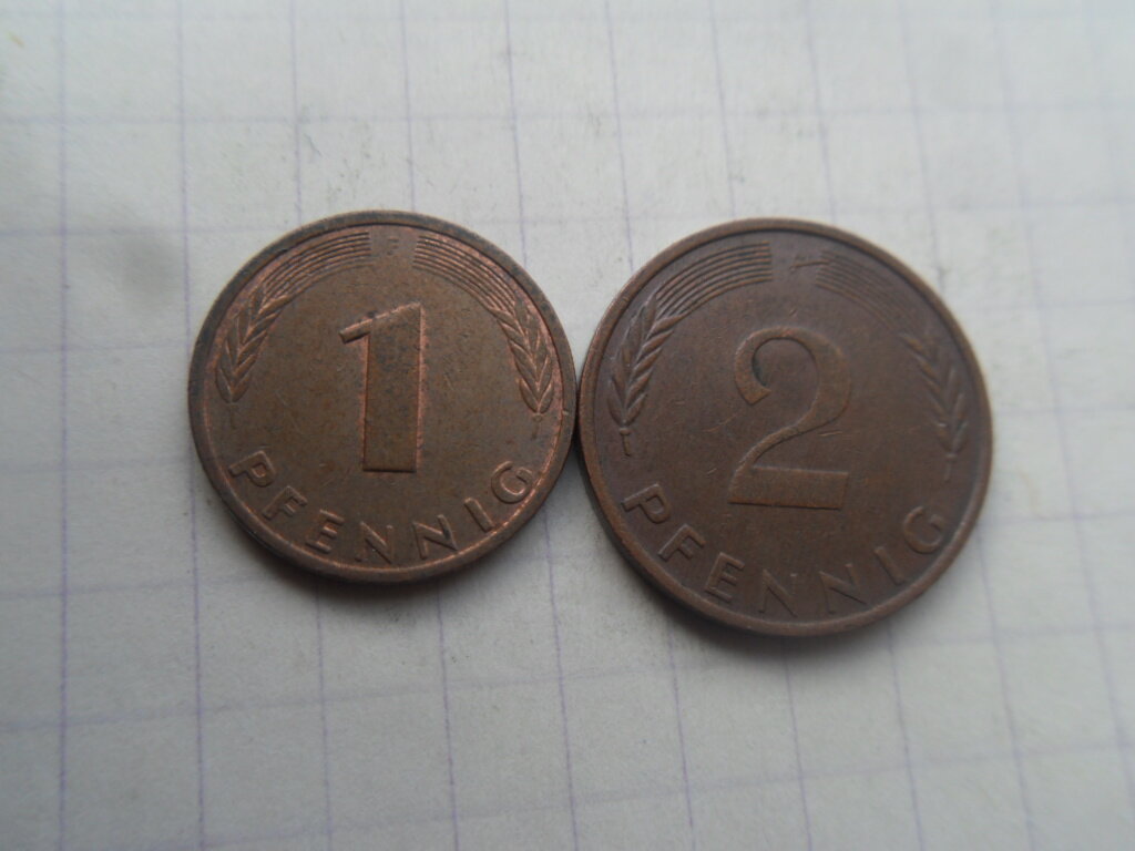 Германия 1 пфенниг, 1990 F. Германия 2 пфеннига, 1971