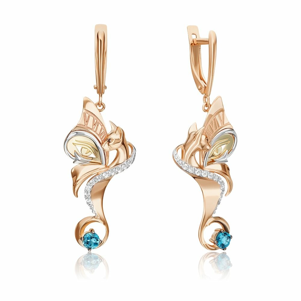 Серьги, комбинированное золото, 585 проба, топаз