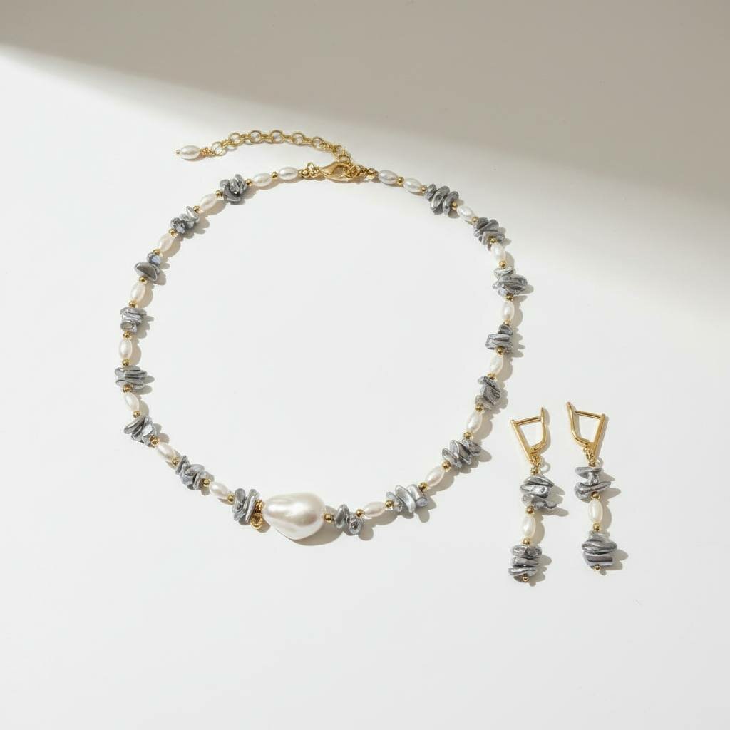 Комплект бижутерии: серьги, колье, жемчуг культивированный, перламутр