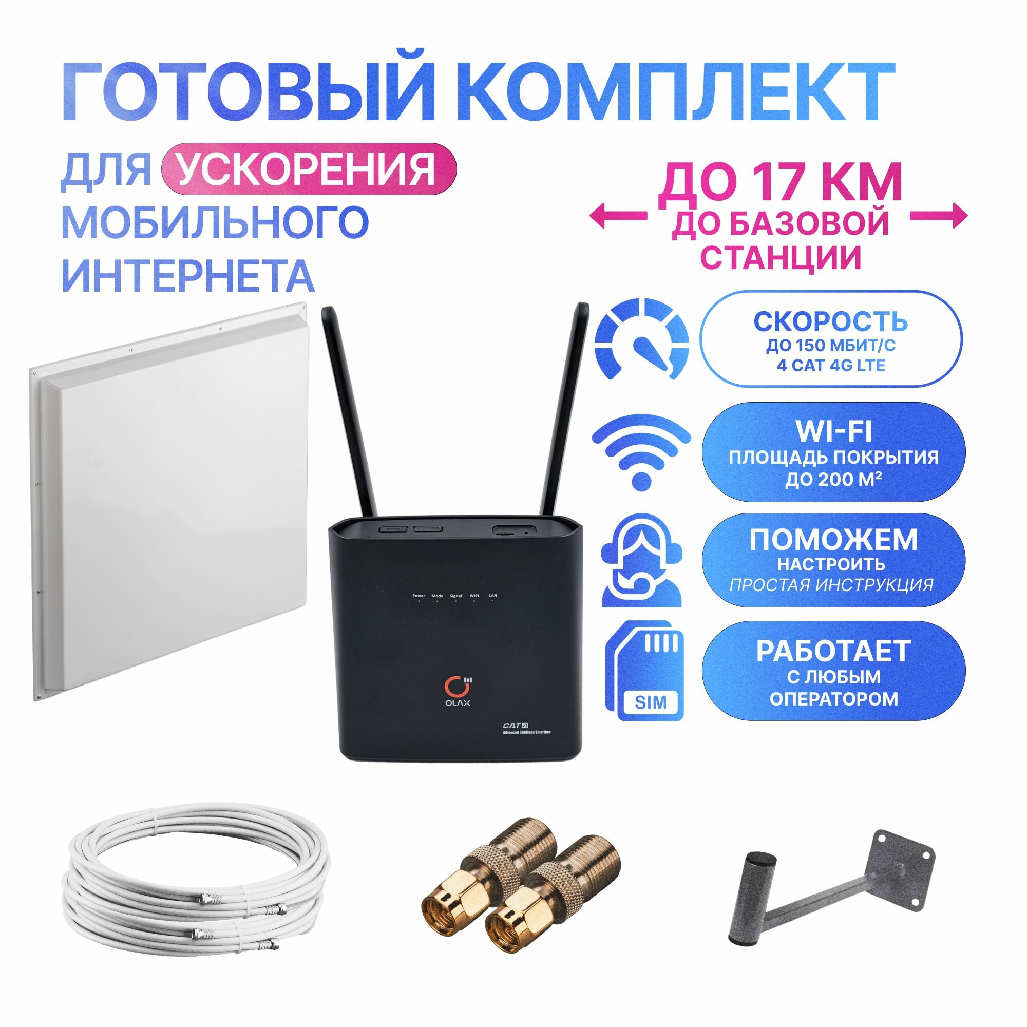 Супермощный Комплект Интернет на дачу с 4G LTE WiFi роутером и антенной 20 дБ до 17 км от вышки!