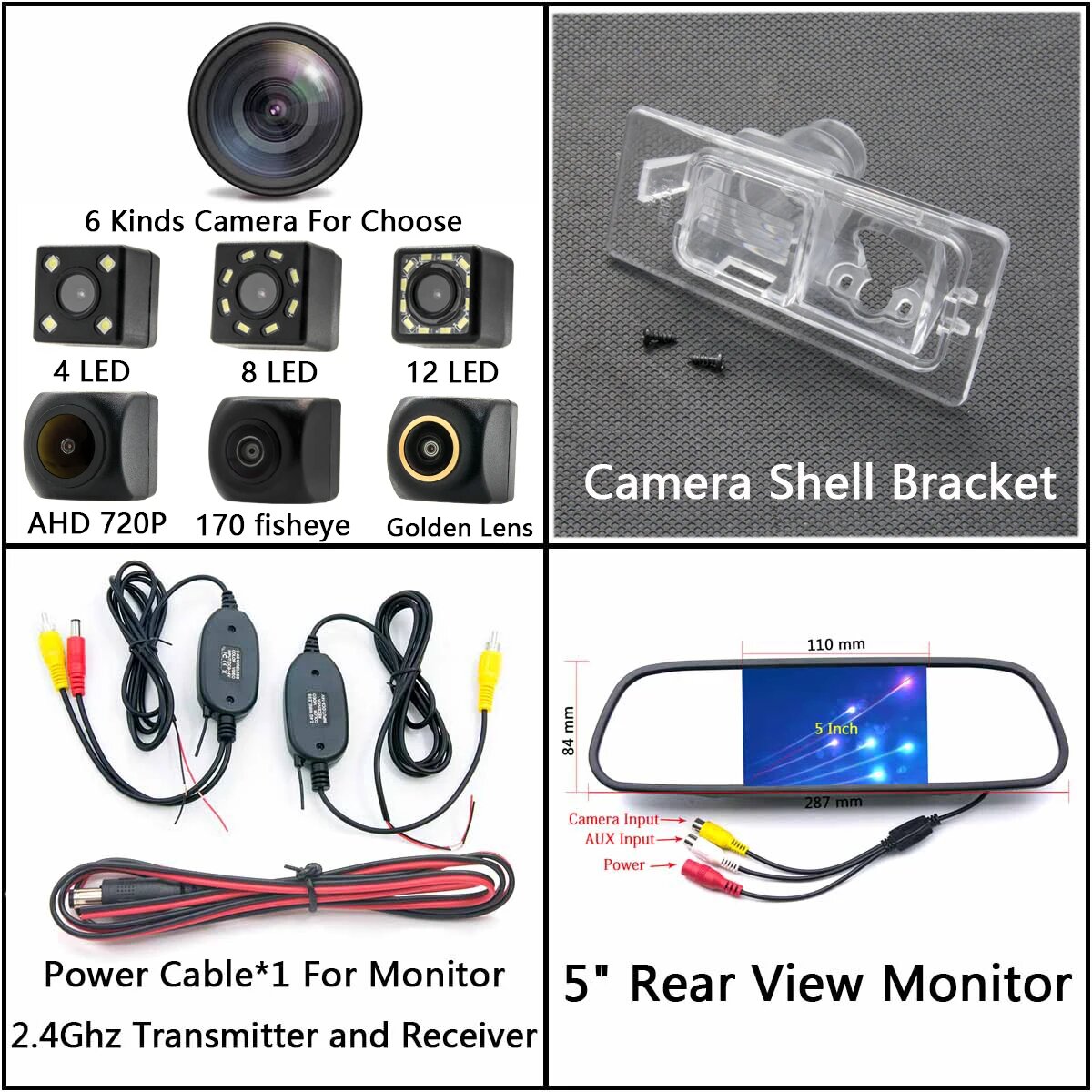 170-градусная автомобильная камера заднего вида с золотым Cam Wirelss 5 Mirror, Golden Lens