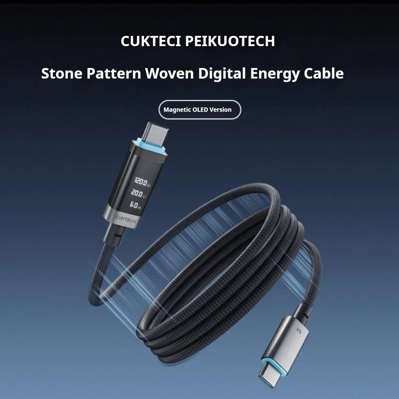 Плетеный кабель питания CUKTECH No 6, цифровой дисплей, двойной OLED-экран 1.5m, magnetic oled line