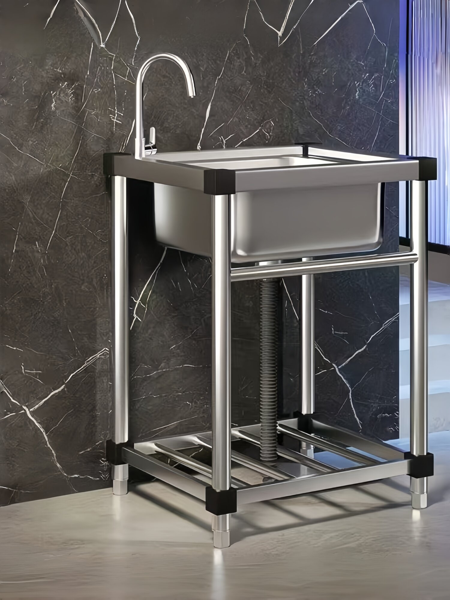 Умывальник "Нержавеющая сталь 304", с подставкой и краном, 50 см x 37 см x 75 см