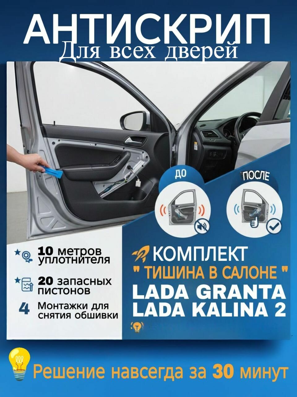 Антискрип набор уплотнителей для Лада Гранта и Калина 2, комплект Тишина в салоне с клипсами и инструментом