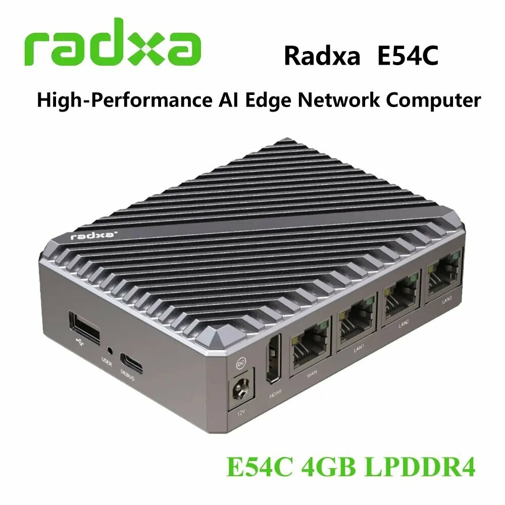 Radxa E54C 4GB LPDDR4 High-Performance AI Edge Network Компьютеры 6-core A76 and A55 CPU,5Tops NPU USB 3.0 4 GbE Rockchip RK3582 Board(белый)