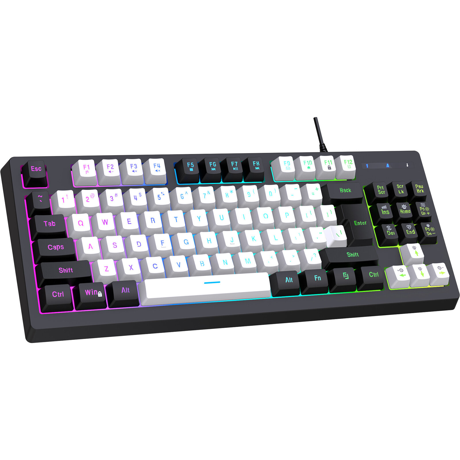 HXSJ A877 Проводная клавиатура для гейминга Mini Gaming Keyboard 87 клавиш RGB подсветка регулируемая Бес конфликтная мембранная с механическим ощущением Black-White White-Black USB ABS 20 млн нажатий Двухцветное литье Вулканический рот Поддержка