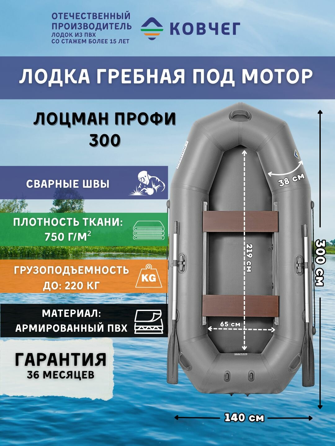 Лодка гребная под мотор Лоцман Профи 300