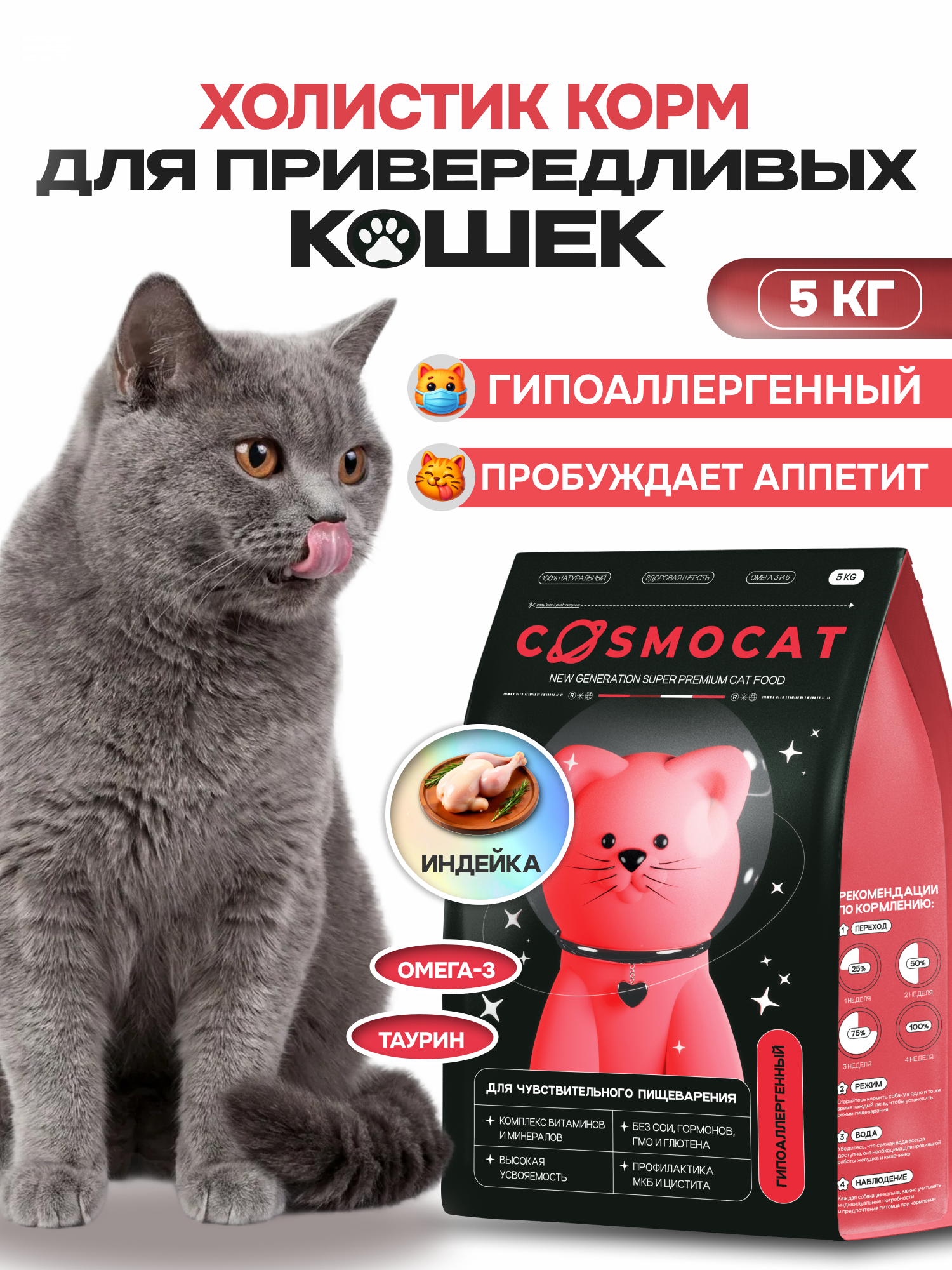 Корм для кошек сухой Cosmocat от Cosmopet гипоаллергенный с индейкой 5 кг премиум класса для привередливых кошек