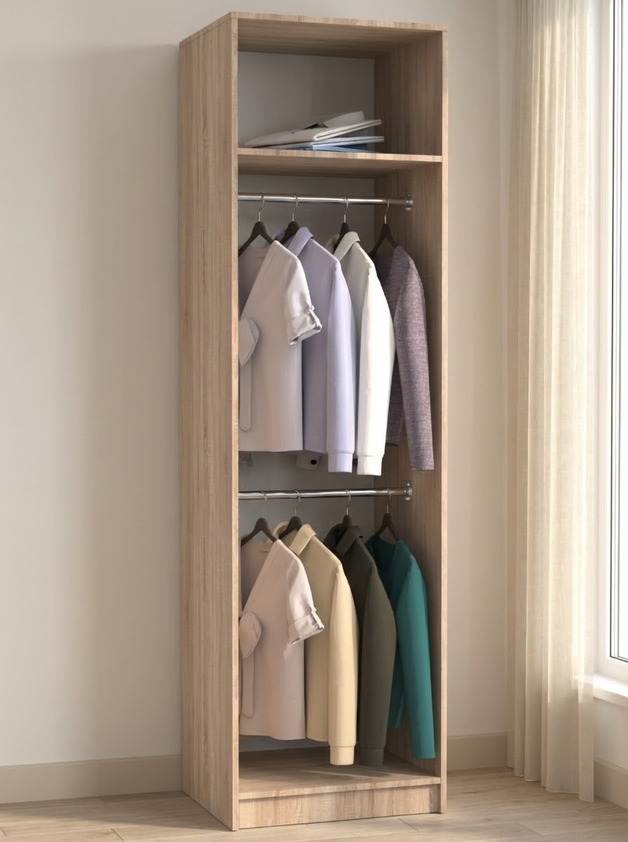 Открытый гардеробный шкаф-пенал Макс-4 с 2 штангами для вешалок и полкой, ШхГхВ: 60х50х210 см, дуб сонома