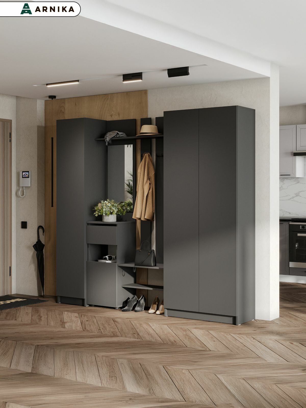 Прихожая ARNIKA "Бали", с зеркалом, ЛДСП, цвет графит, высота 200 см