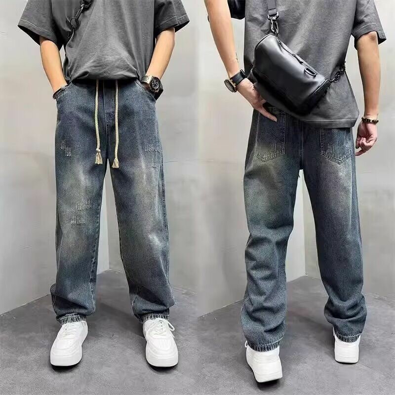 MON Джинсы Мужские Весенние Широкие Ноги Слабоносые Коричневые Кроп Деним, Размер_M